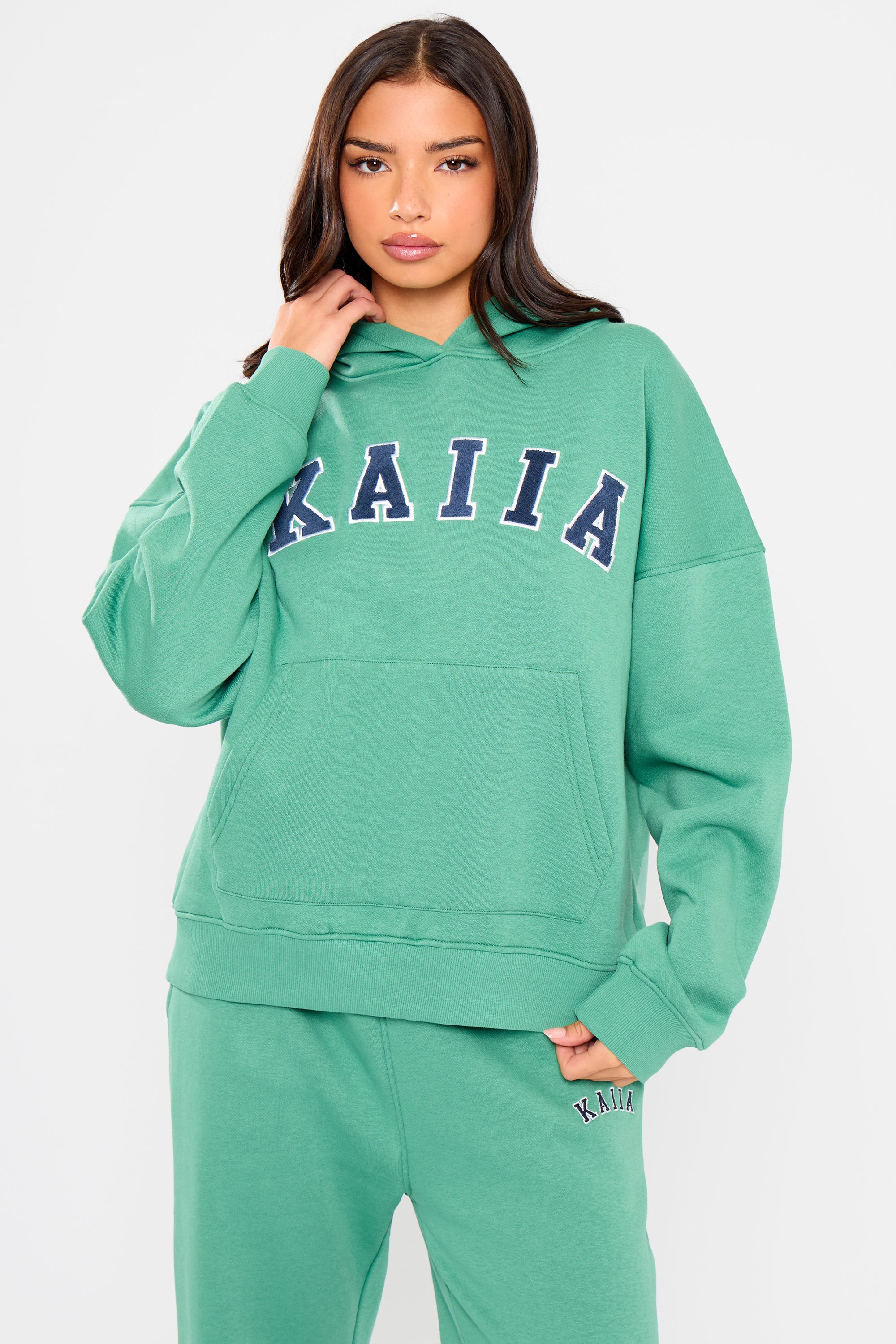 Kaiia Slogan Oversized Hoodie Jade Green & Navy | Kaiia