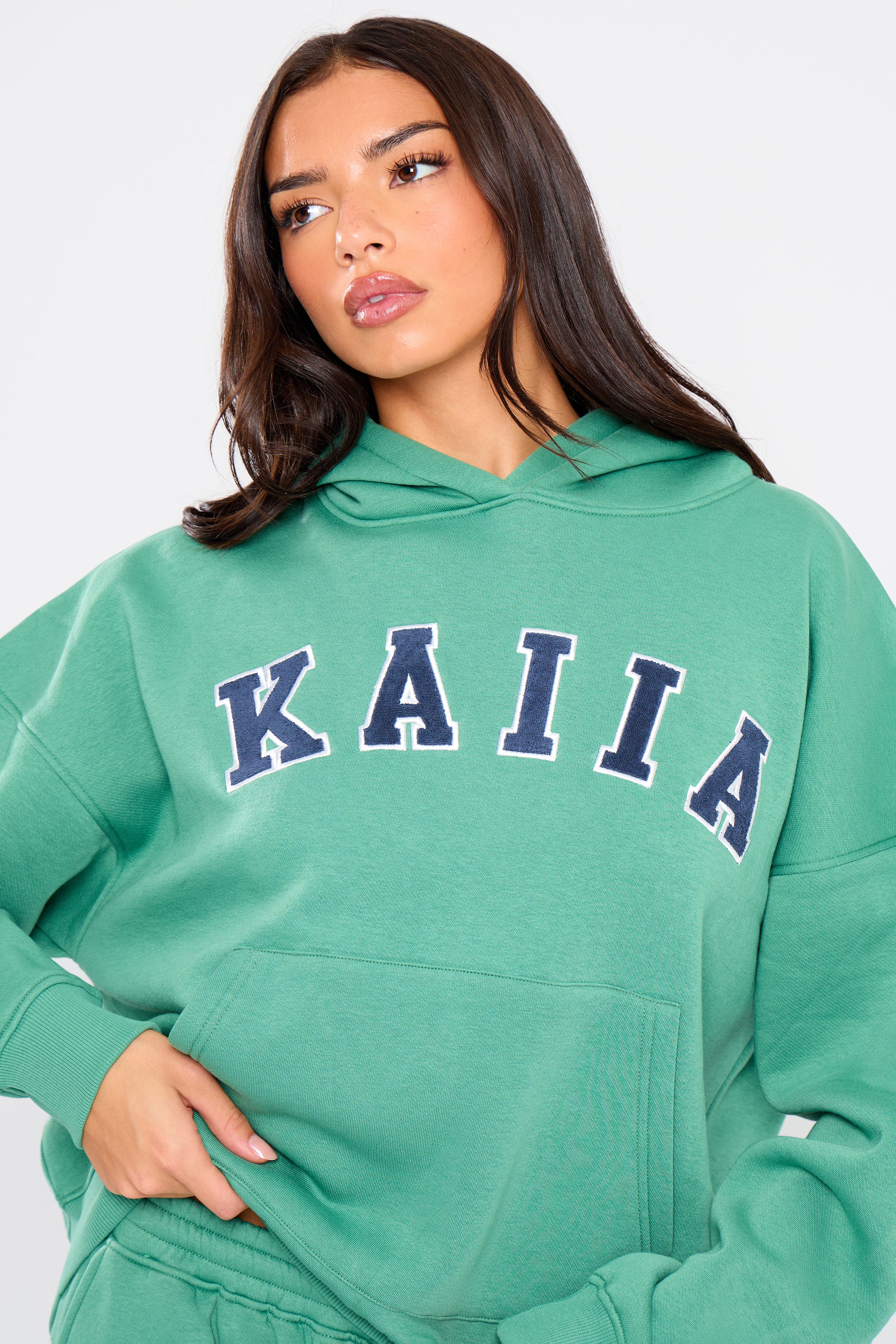 Kaiia Slogan Oversized Hoodie Jade Green & Navy | Kaiia