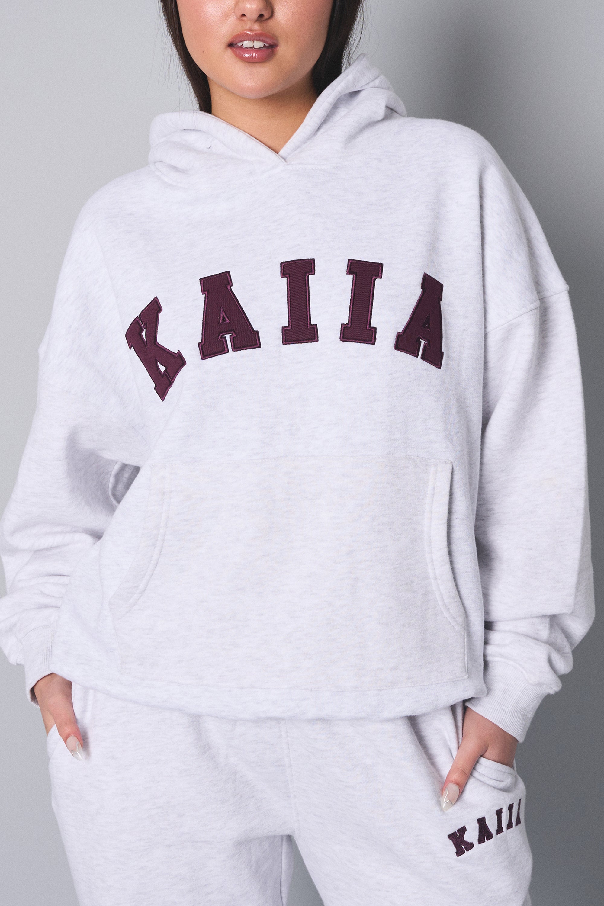 Kaiia Slogan Oversized Hoodie Light Grey Marl With Burgundy | Kaiia