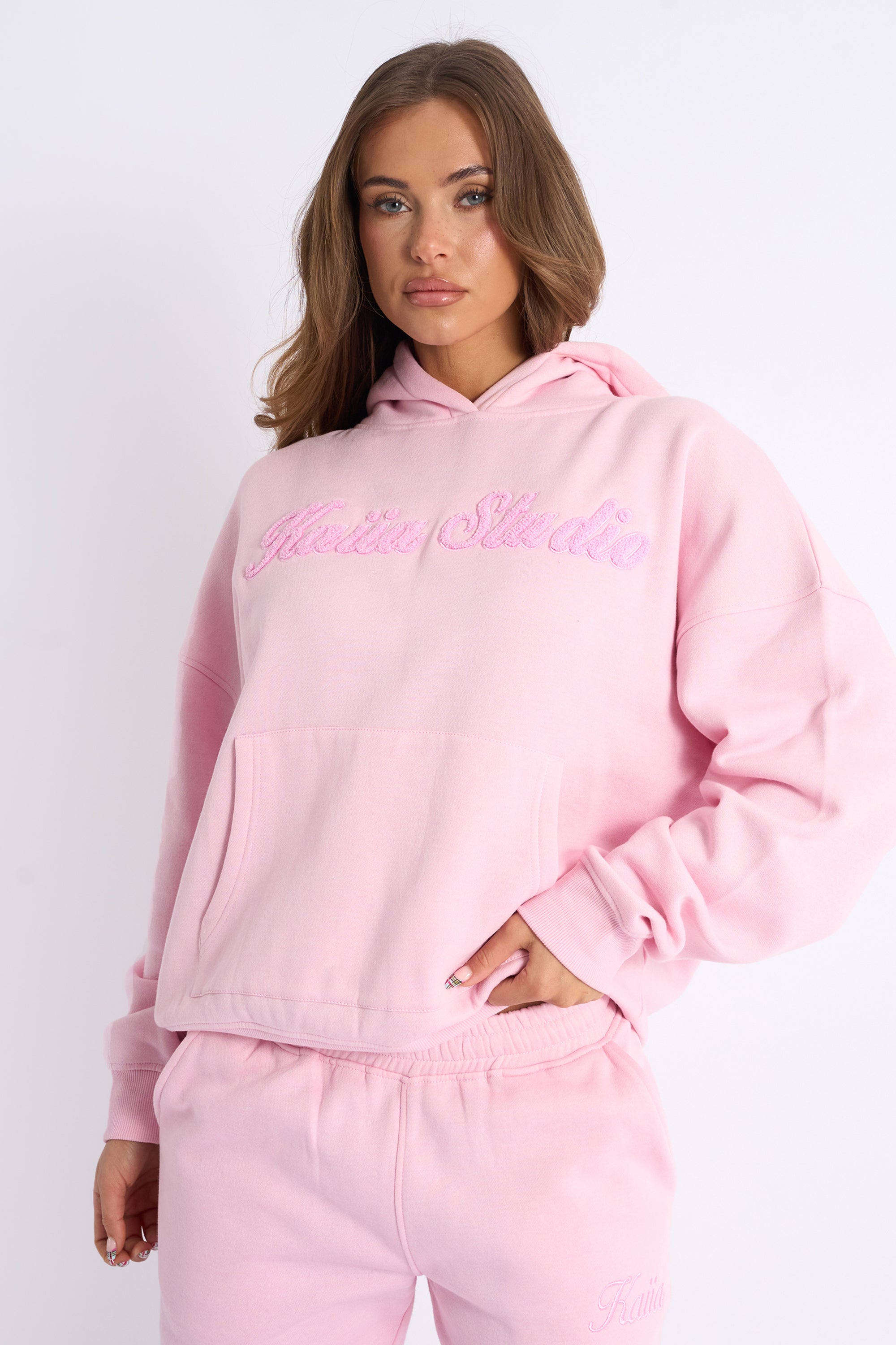 Kaiia Studio Borg Script Logo Oversized Hoodie Baby Pink | Kaiia