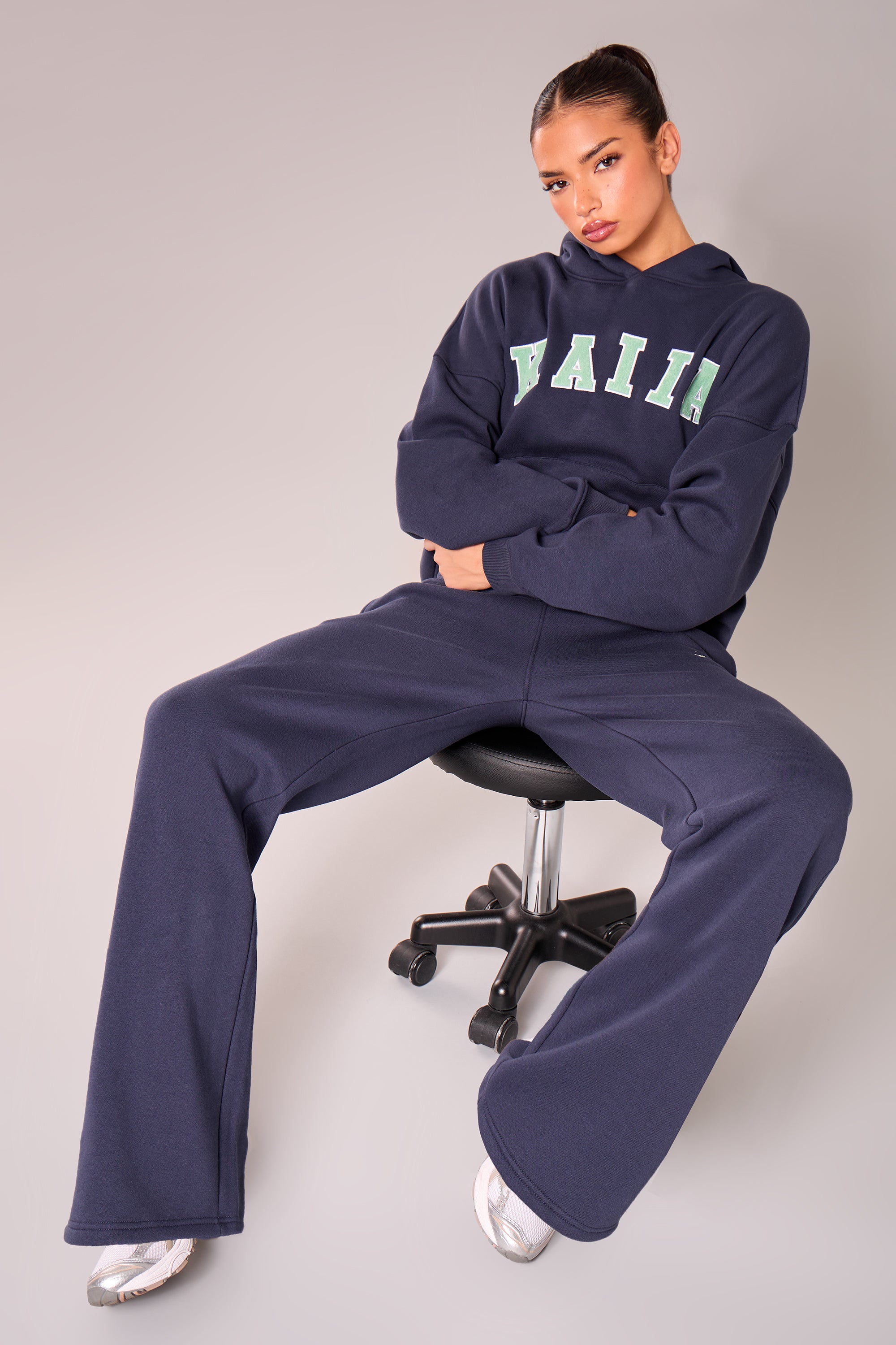 Kaiia Slogan Wide Leg Joggers Navy & Jade Green | Kaiia