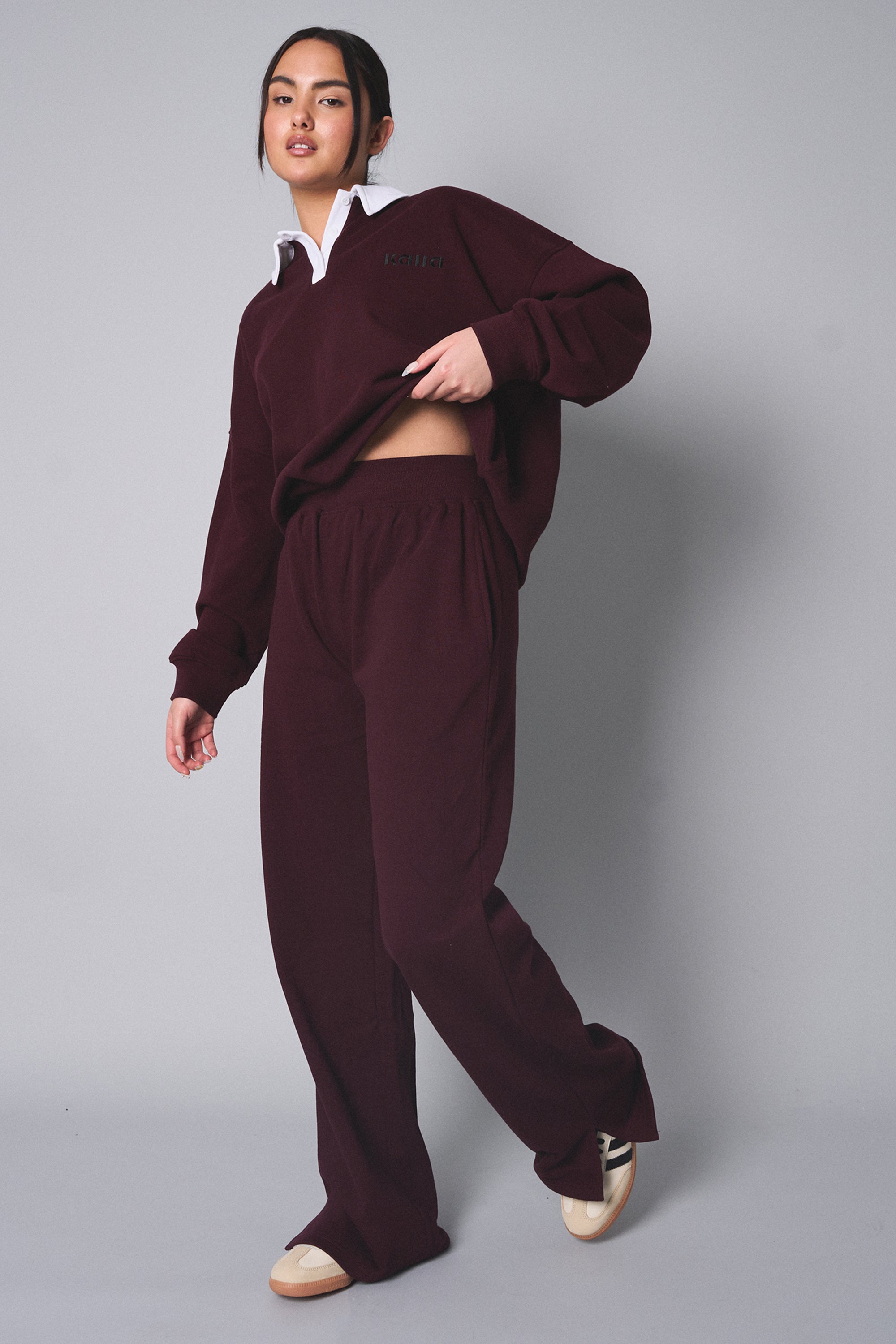 Kaiia Ribbed Waistband Wide Leg Sweat Pants Burgundy | Kaiia