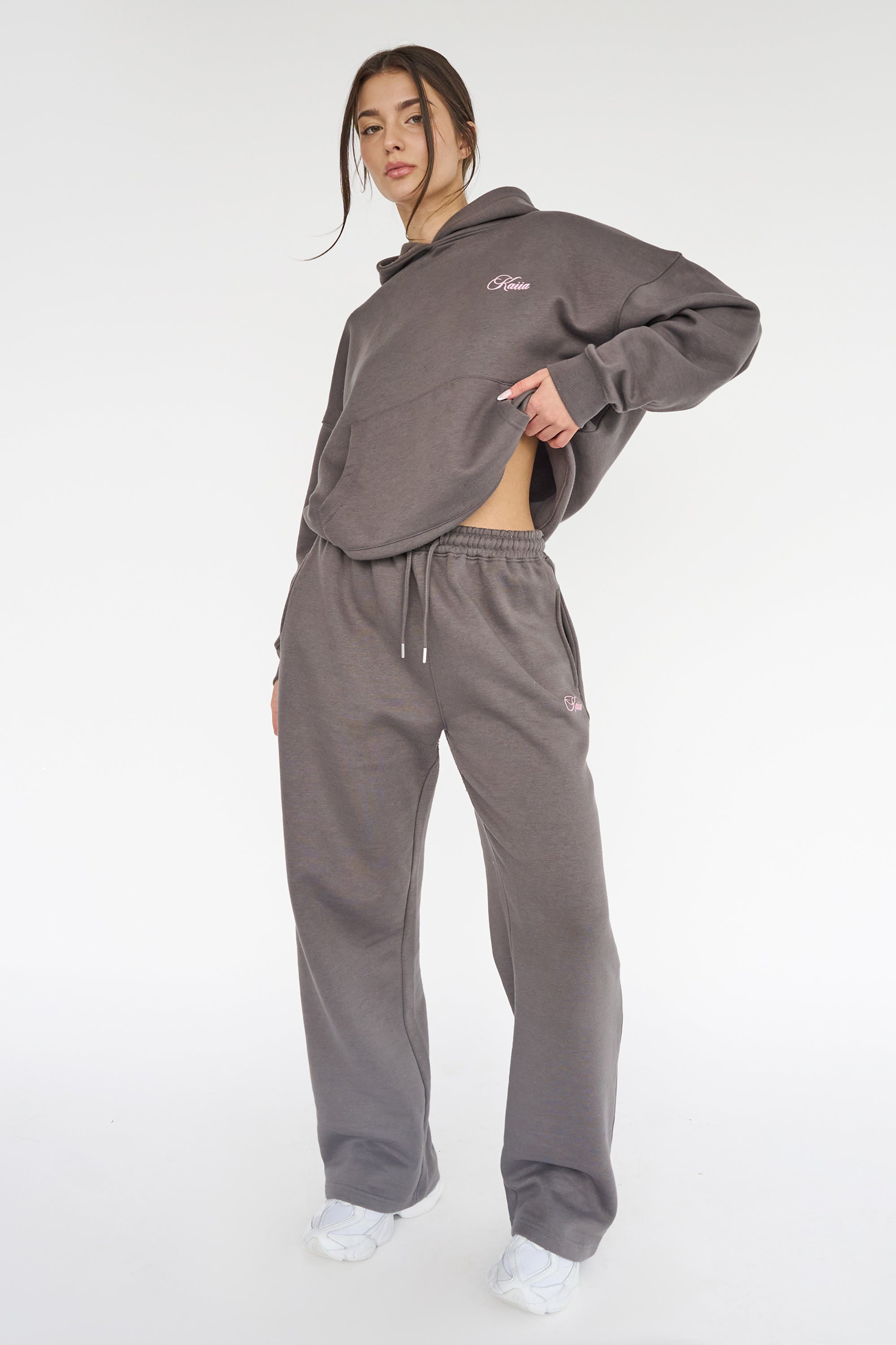KAIIA THE LABEL LOGO WIDE LEG JOGGERS DARK GREY WITH PINK | Kaiia