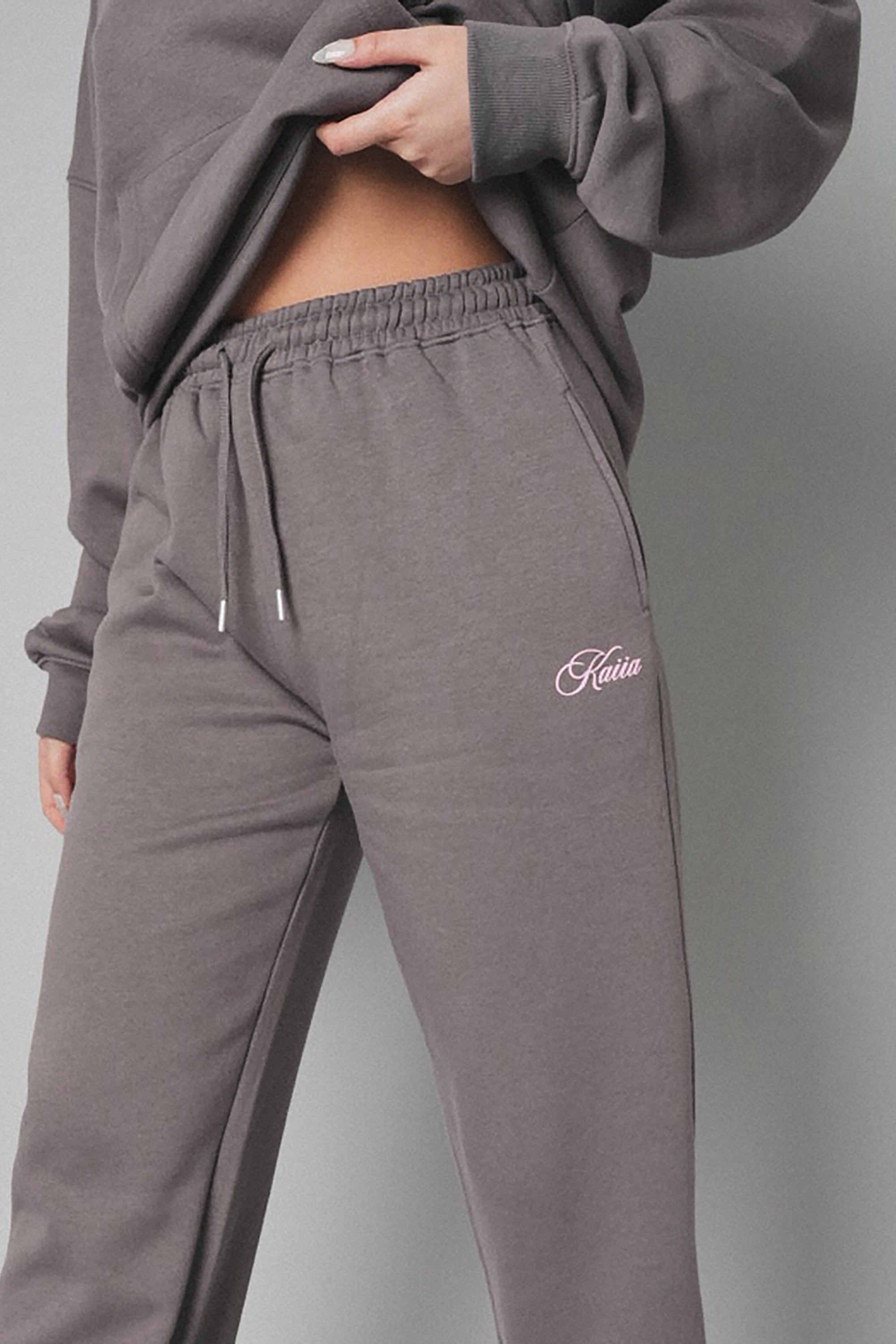 KAIIA THE LABEL LOGO WIDE LEG JOGGERS DARK GREY WITH PINK | Kaiia