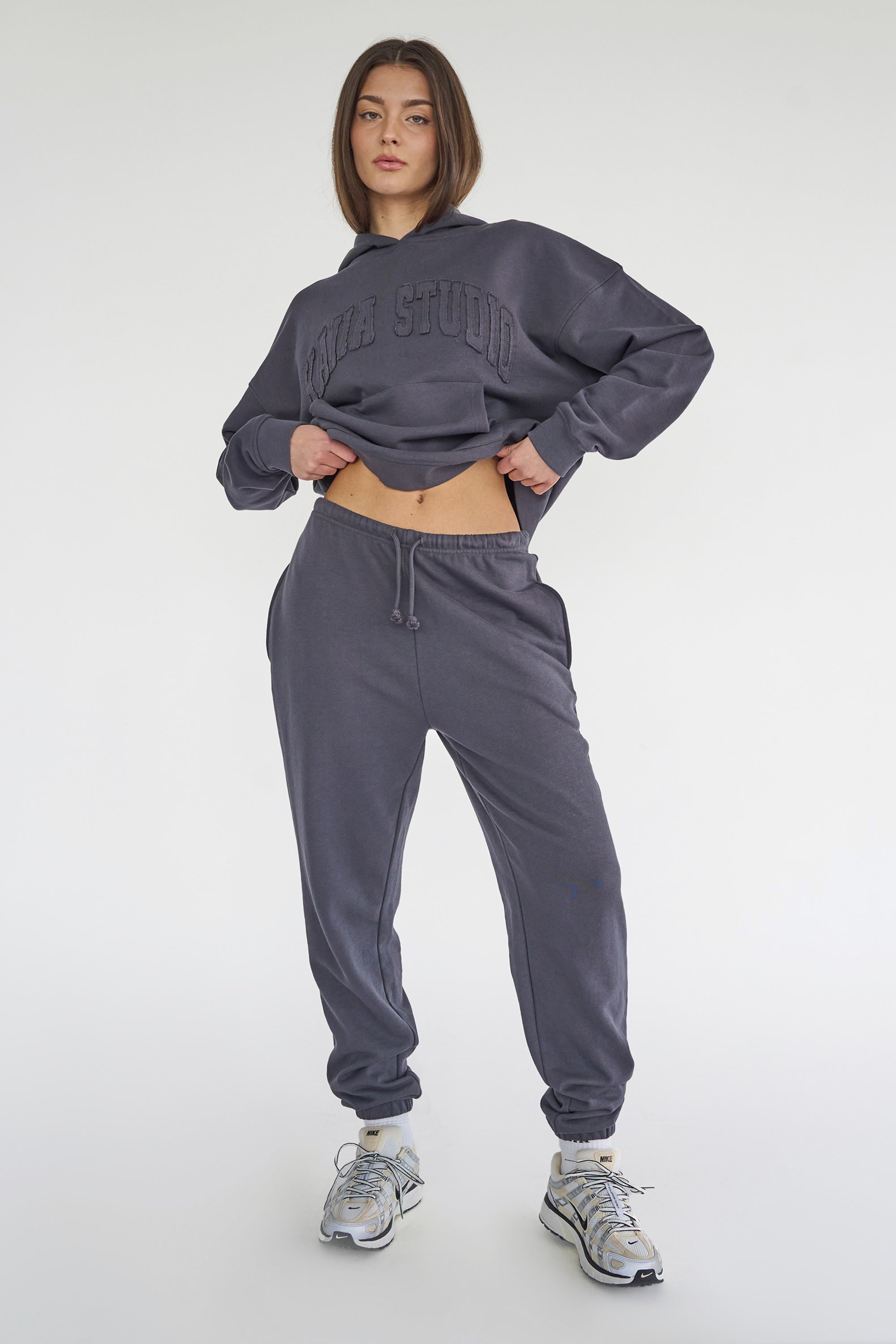 Kaiia Studio Distressed Applique Cuffed Joggers Dark Grey | Kaiia