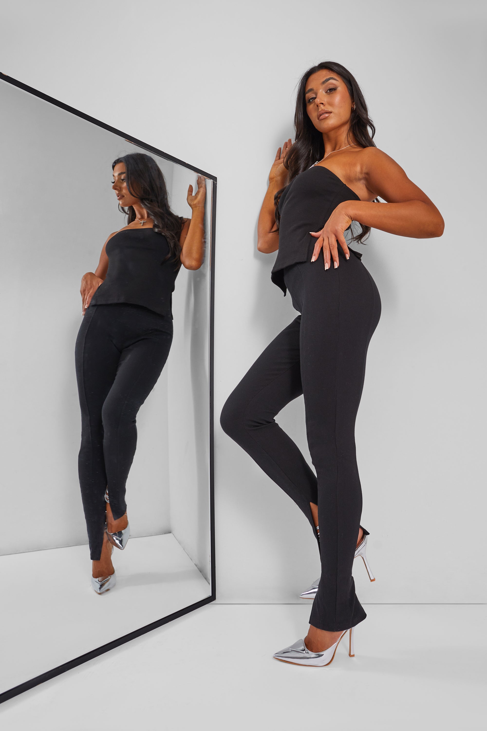 Kaiia Ribbed Bandeau Side Split Top Black | Kaiia