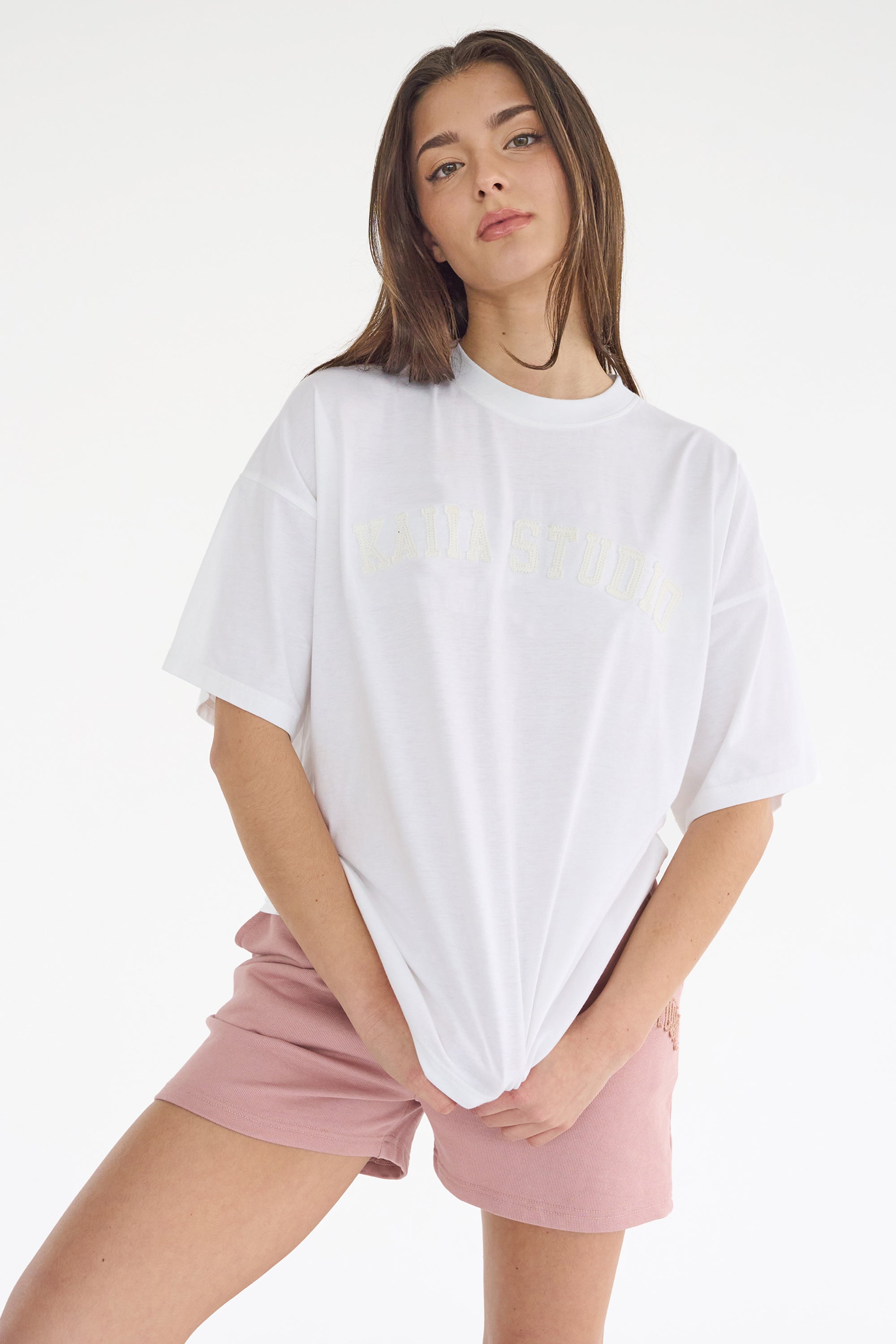 Kaiia Studio Distressed Applique Oversized T-Shirt White | Kaiia