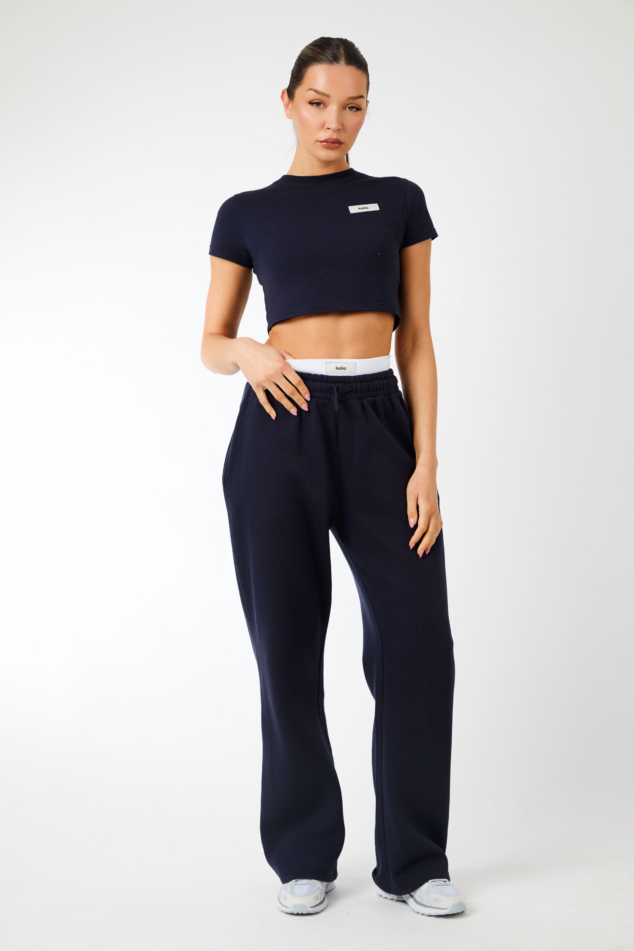 Kaiia Label Logo Exposed Waistband Wide Leg Joggers Navy | Kaiia