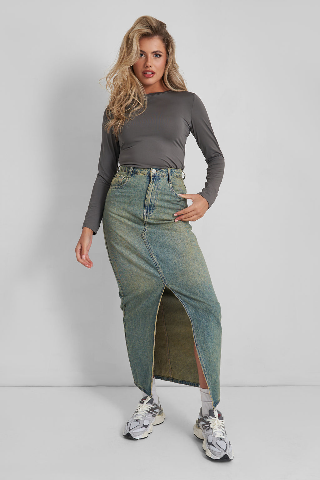 Split Front Denim Maxi Skirt Vintage Wash | Kaiia