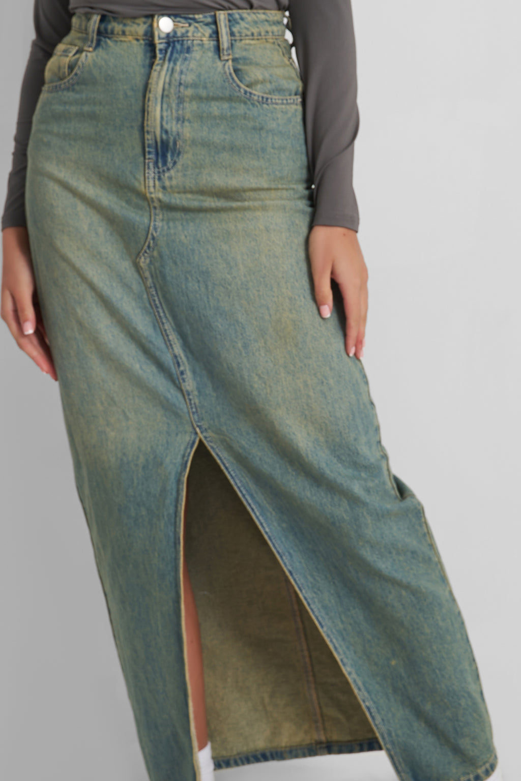Split Front Denim Maxi Skirt Vintage Wash | Kaiia